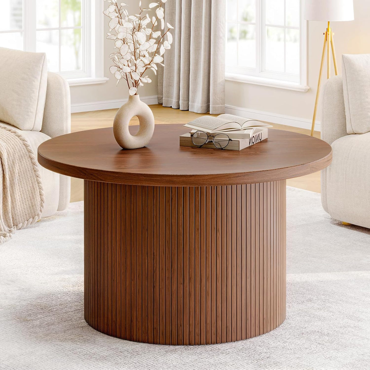 31.5 inch round coffee table, living room roll-up coffee table, mid-ce ...